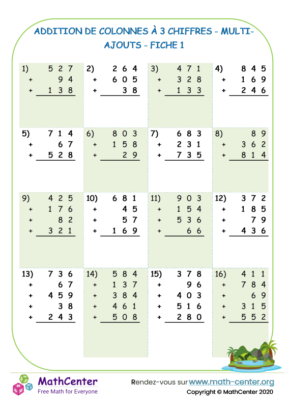CM1 Fiches de travail: Addition à trois chiffres avec regroupement ...