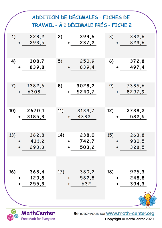 CM2 Fiches de travail: Additionner les décimales | Math Center