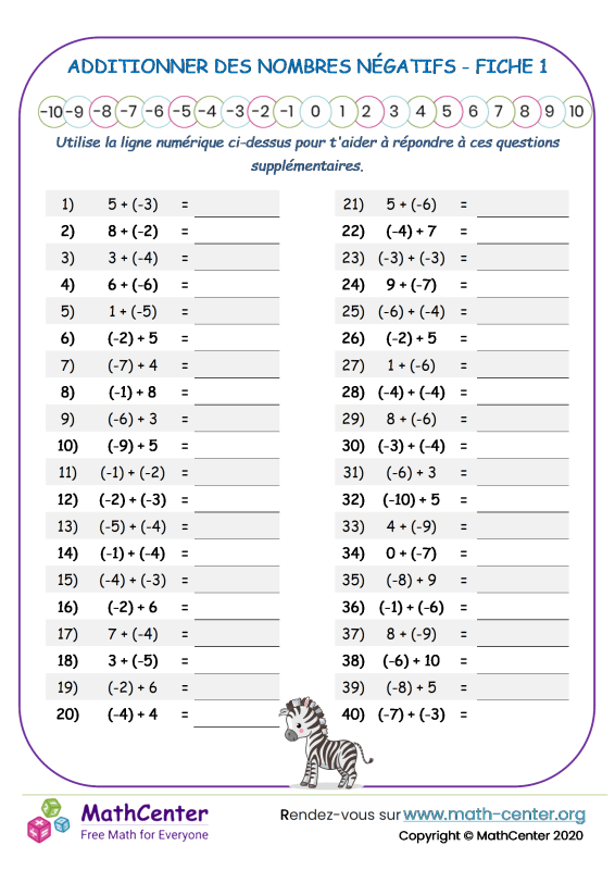 CM2 Fiches de travail: Additionner des nombres négatifs | Math Center