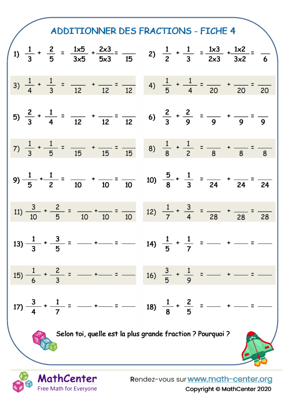 CM1 Fiches de travail: Additionner des fractions | Math Center