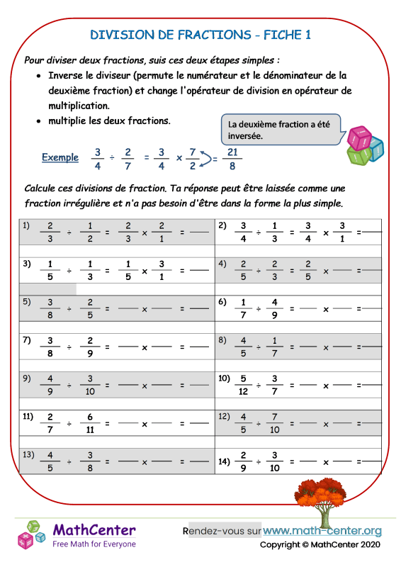 6eme Fiches de travail: Diviser des fractions | Math Center