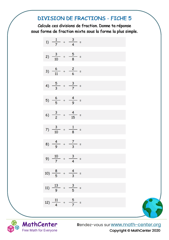 6eme Fiches de travail: Diviser des fractions | Math Center