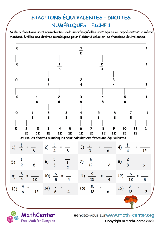 CE2 Fiches de travail: Droite numérique avec fractions | Math Center