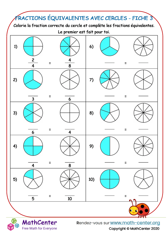 CE2 Fiches de travail: Équivalence des fractions | Math Center