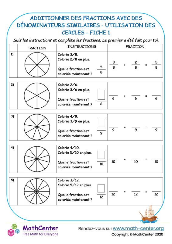 CE2 Fiches de travail: Additionner des fractions | Math Center