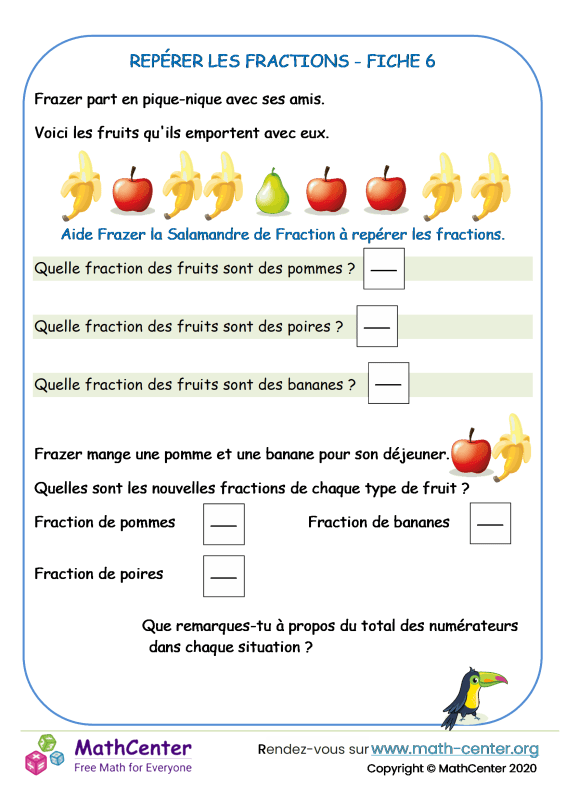 CE2 Fiches de travail: Problèmes de fractions | Math Center
