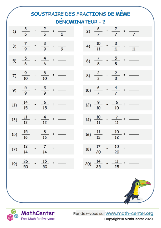 CE2 Fiches de travail: Soustraction de fractions | Math Center