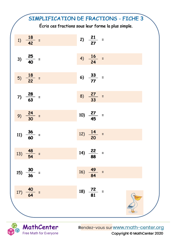 CM2 Fiches de travail: Simplifier les fractions | Math Center