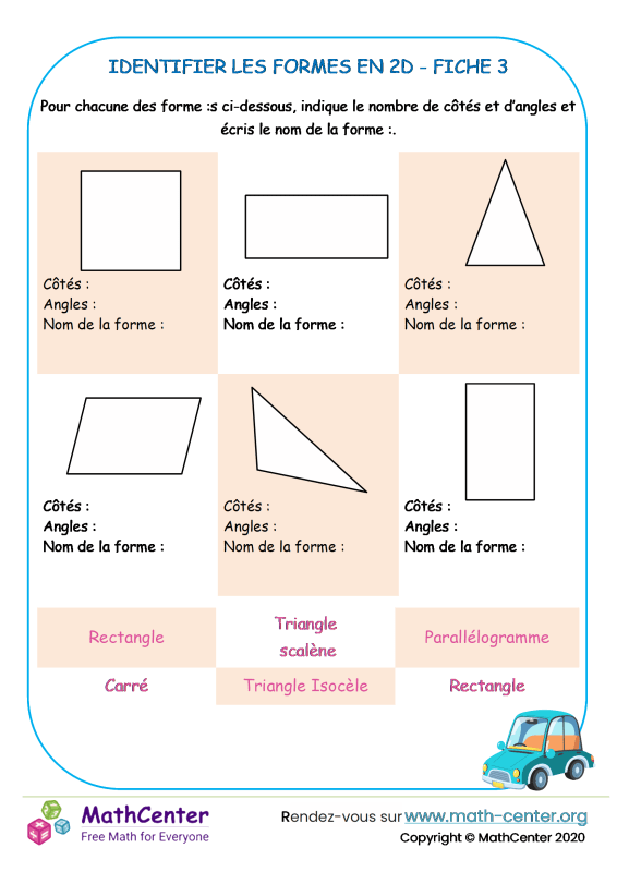 CM2 Fiches de travail: Formes en 2D | Math Center