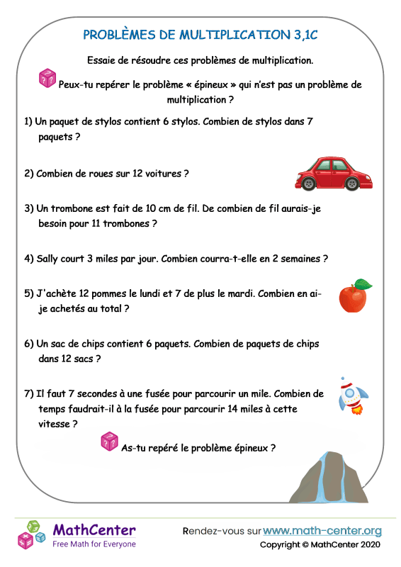 CM1 Fiches de travail: Problèmes de multiplication | Math Center