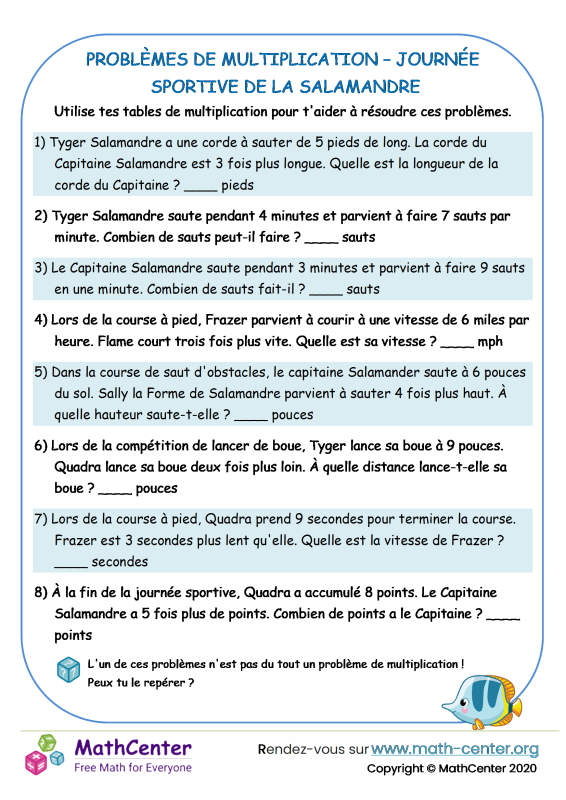 CE2 Fiches de travail: Problèmes de multiplication | Math Center
