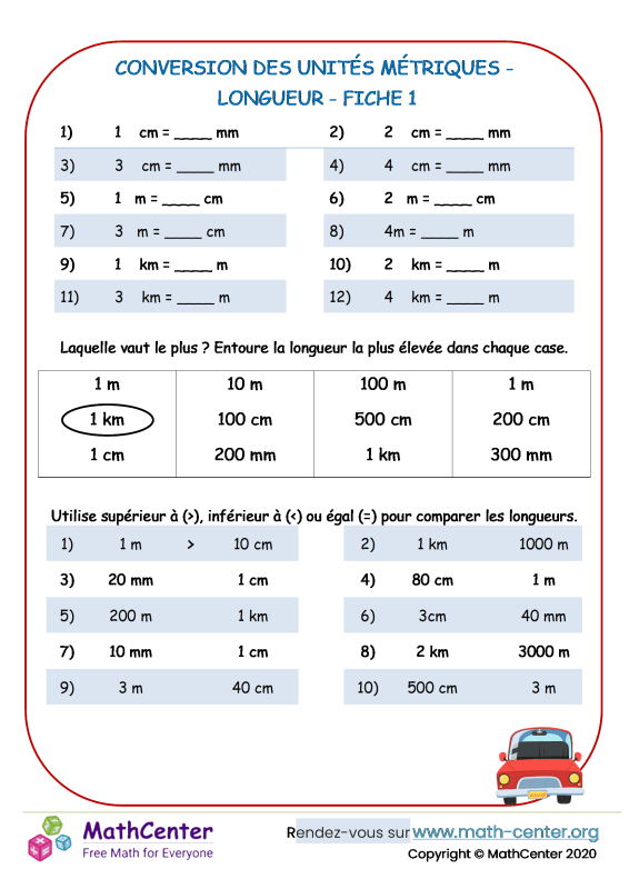 CE2 Fiches de travail: Mesurer la longueur | Math Center