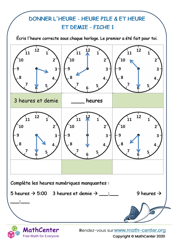 CP Fiches de travail: Donne l'heure | Math Center