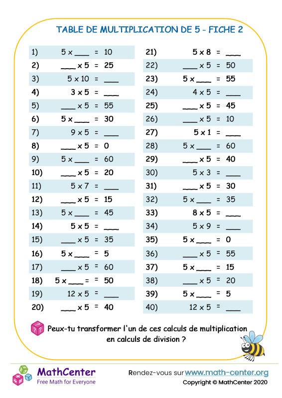 CM1 Fiches de travail: Tables de multiplication | Math Center