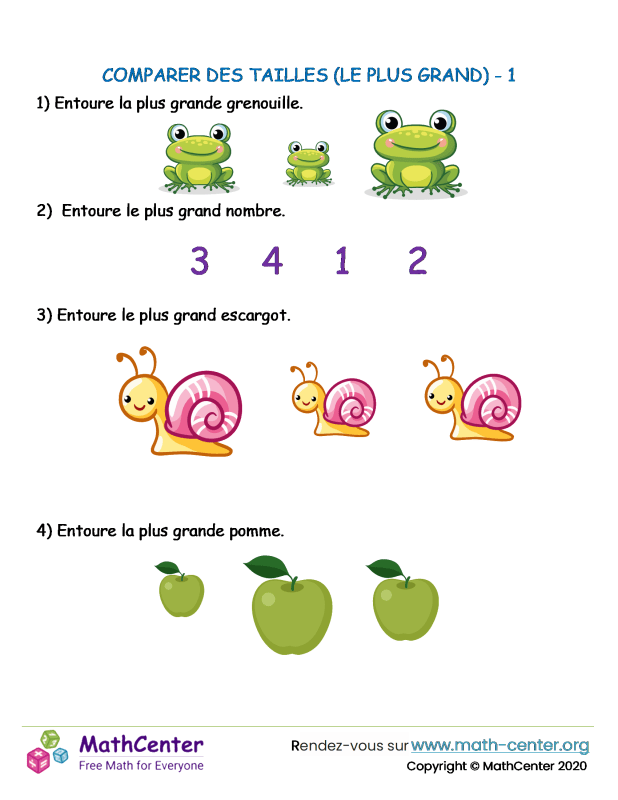 Grande section Fiches de travail: Comparer les tailles | Math Center