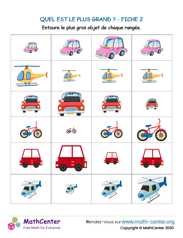 Moyenne section Fiches de travail: Comparer les tailles | Math Center