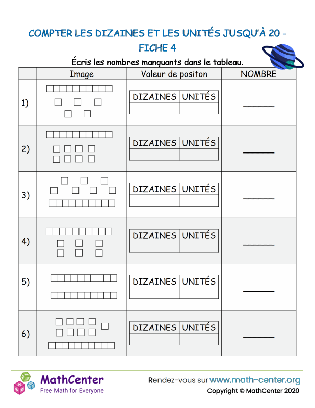 CE1 Fiches de travail: Nombres 11-20 | Math Center