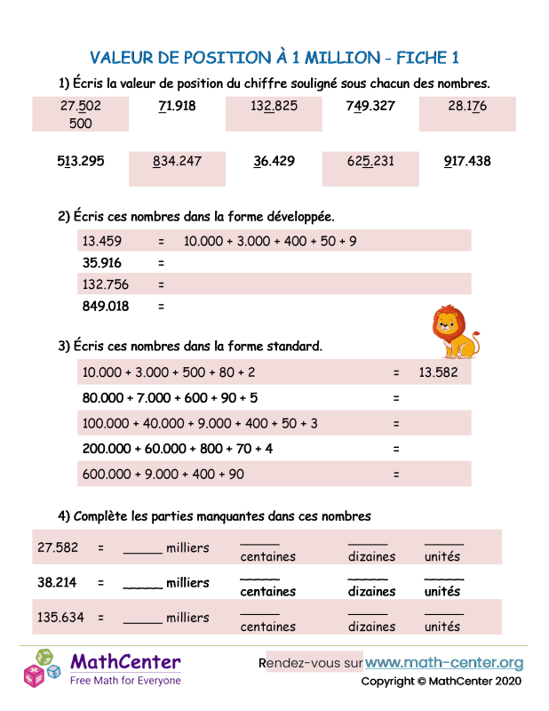 CM2 Fiches de travail: Valeur de position à plusieurs chiffres | Math ...