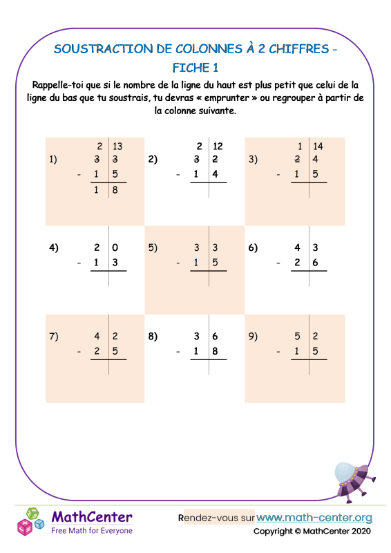 CE2 Fiches de travail: Soustraction à deux chiffres avec regroupement ...