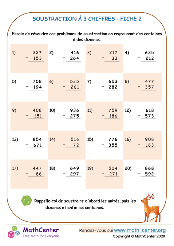CE2 Fiches de travail: Soustraction à trois chiffres avec regroupement ...