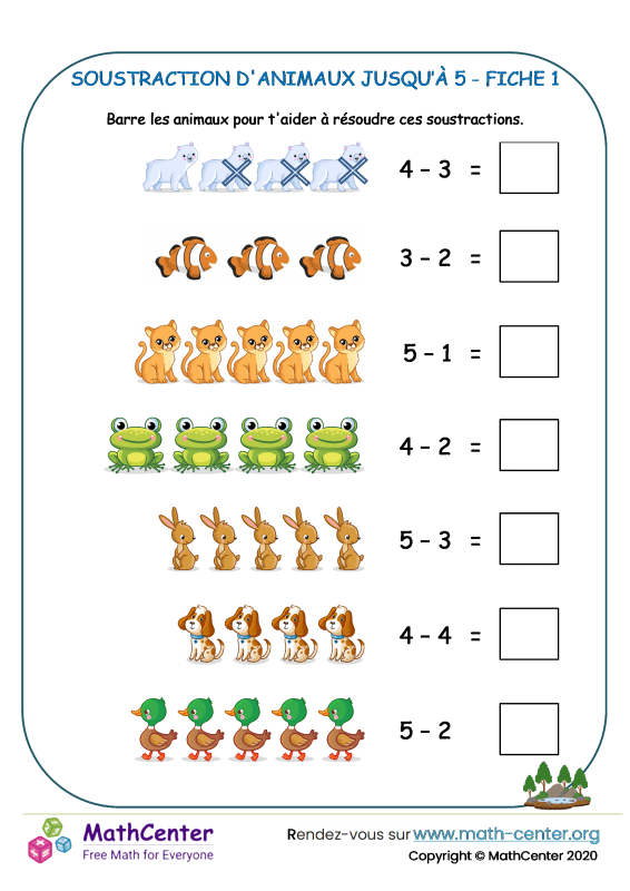 Grande section Fiches de travail: Soustraction à un chiffre | Math Center