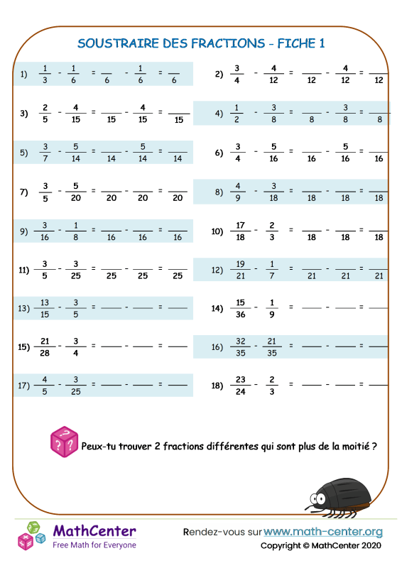 CM2 Fiches de travail: Soustraction de fractions | Math Center