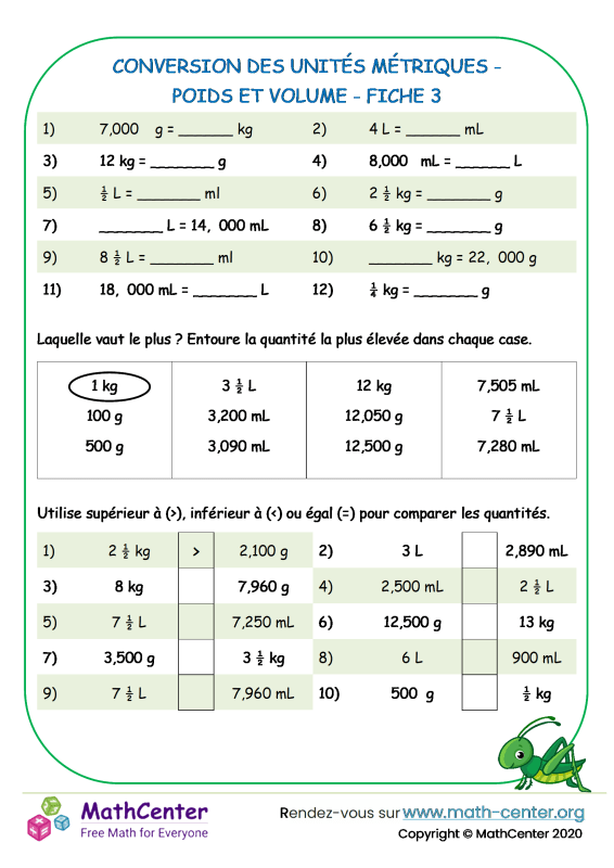 CE2 Fiches de travail: Mesurer le poids | Math Center