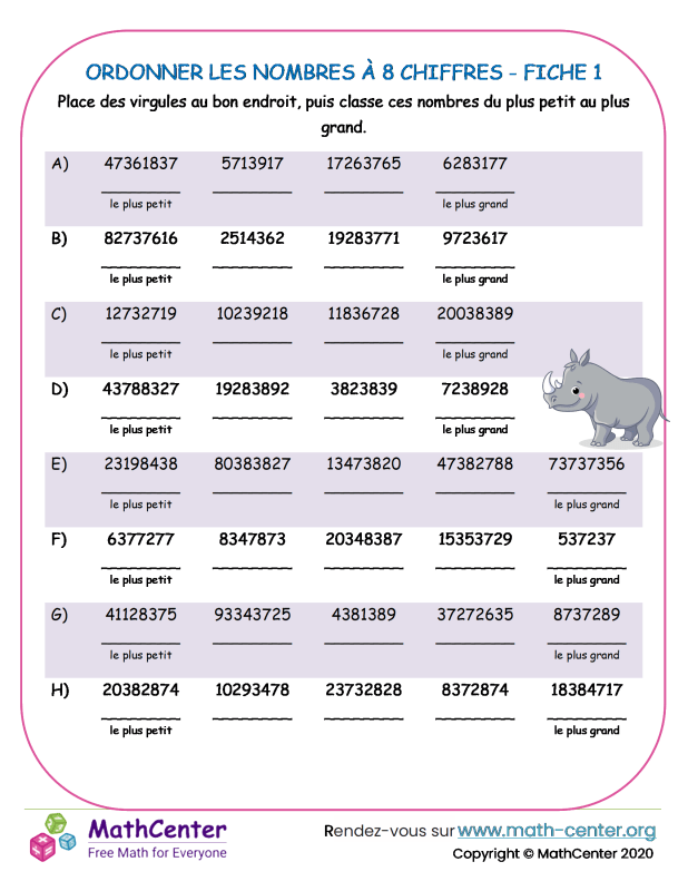 6eme Fiches de travail: Ordonner les décimales | Math Center