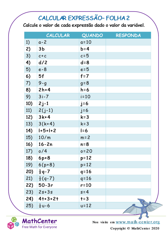 Sétimo Ano Planilhas: Exercícios de Equações Algébricas | Math Center