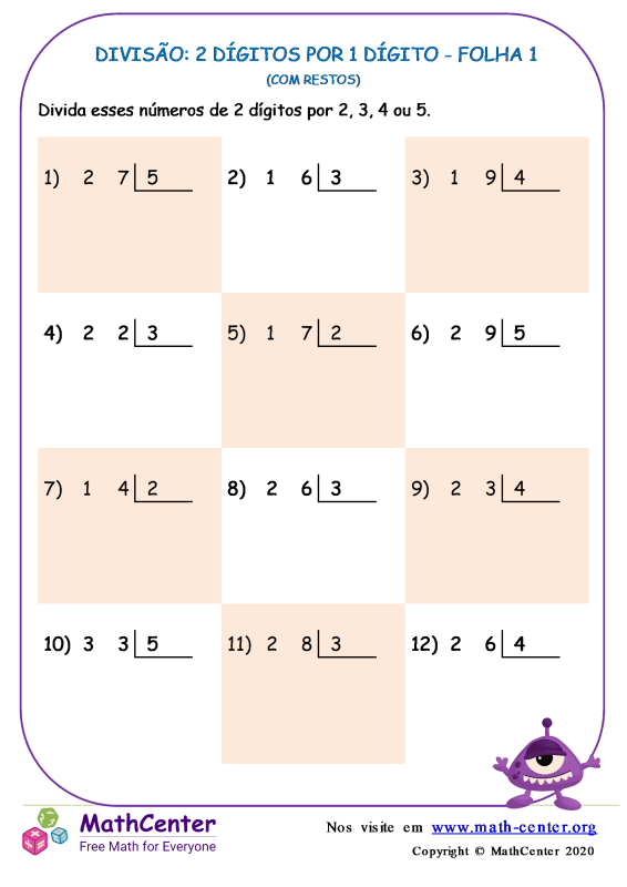 Terceiro Ano Planilhas: Divisores de Um Dígito | Math Center