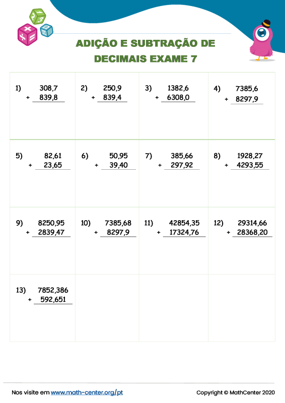 Quinto Ano Questionários Adição De Decimais Math Center