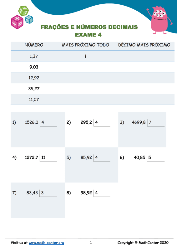 Sexto Ano Questionários Divisão Longa Math Center