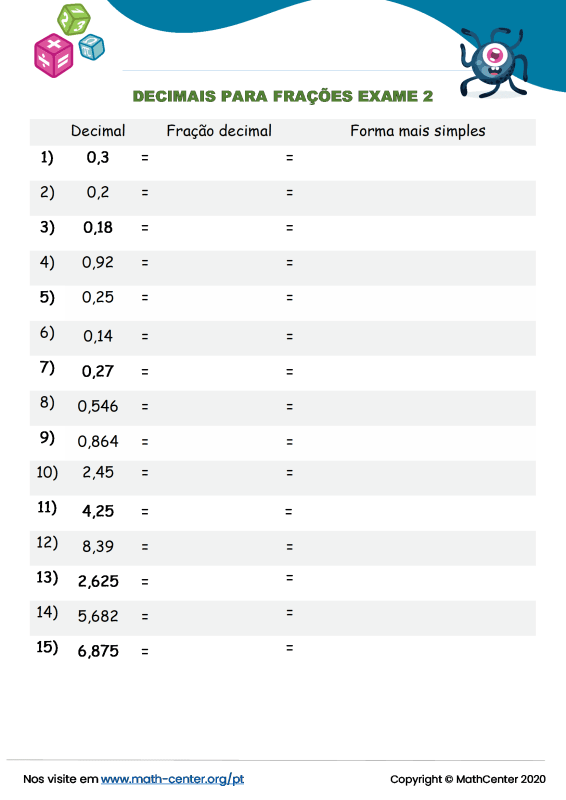Quinto Ano Questionários Conversão De Fração Math Center