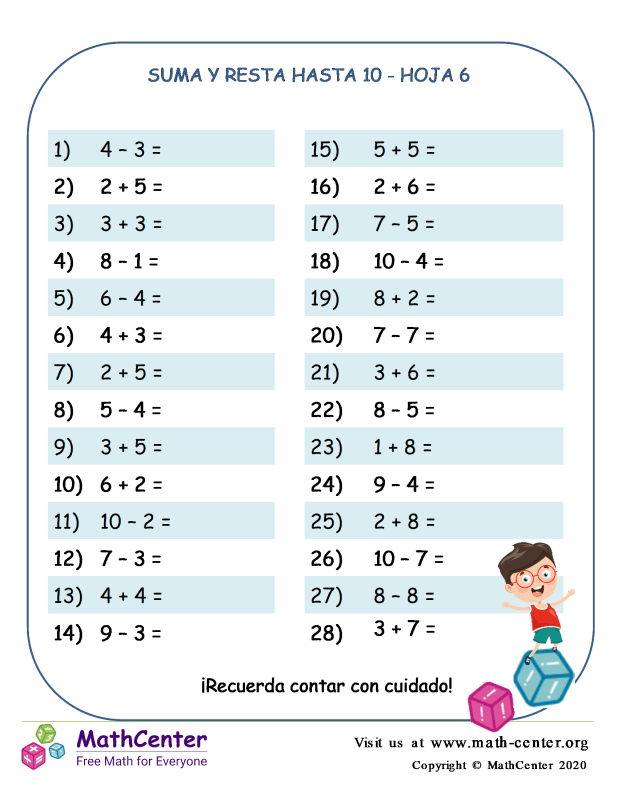 Jardín de infantes Hojas de trabajo: Sumas de Una Cifra | Math Center