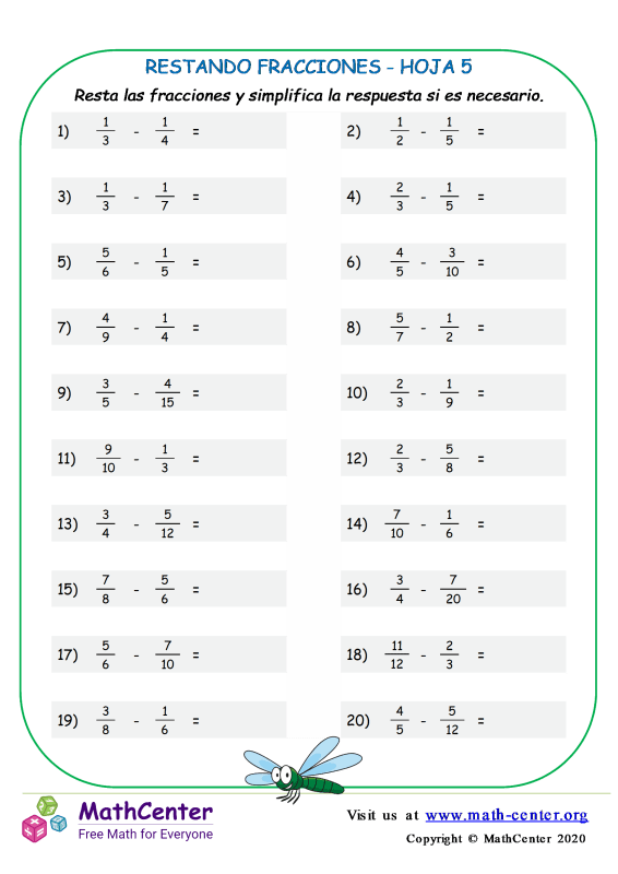 Quinto Grado Hojas de trabajo: Restar Fracciones | Math Center