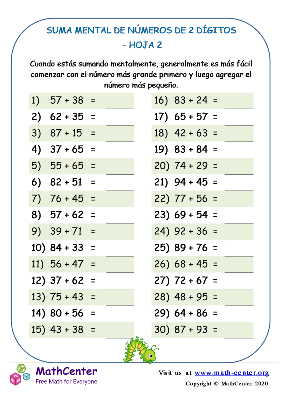 Primer Grado Hojas de trabajo: Sumas Mentales de Dos Cifras | Math Center