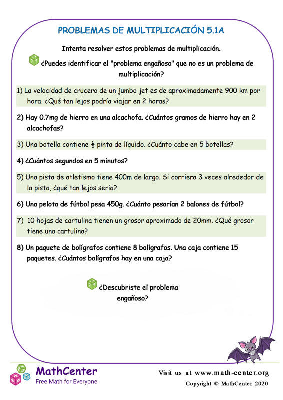 Quinto Grado Hojas de trabajo: Problemas de Multiplicación | Math Center