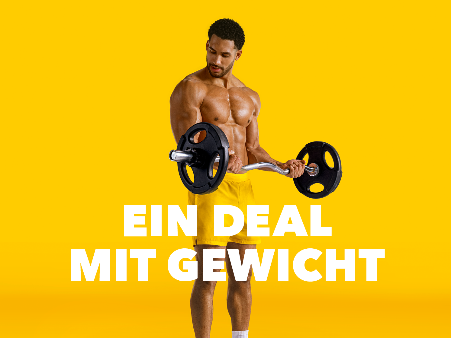 Sportler mit Langhantel in der Hand auf gelbem Hintergrund, Text "EIN ...