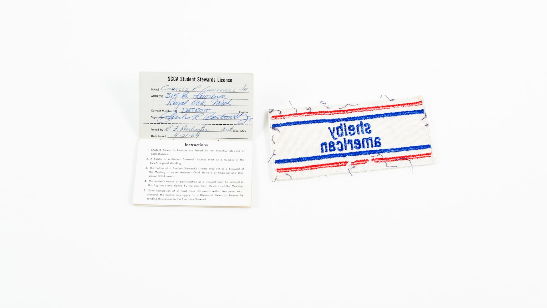 Chuck Cantwell Shelby American Patch, License, And Log Book at Indy ...