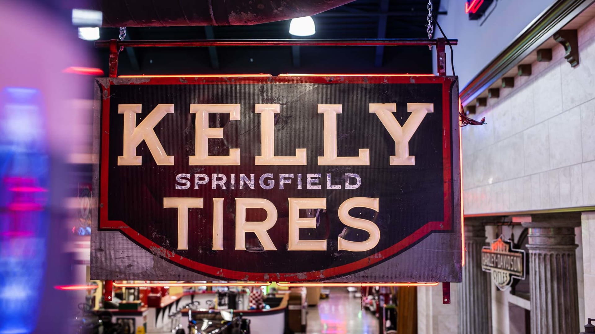 1930 Kelly Springfield Tires Painted Ripple Tin Milk Glass with Neon ...