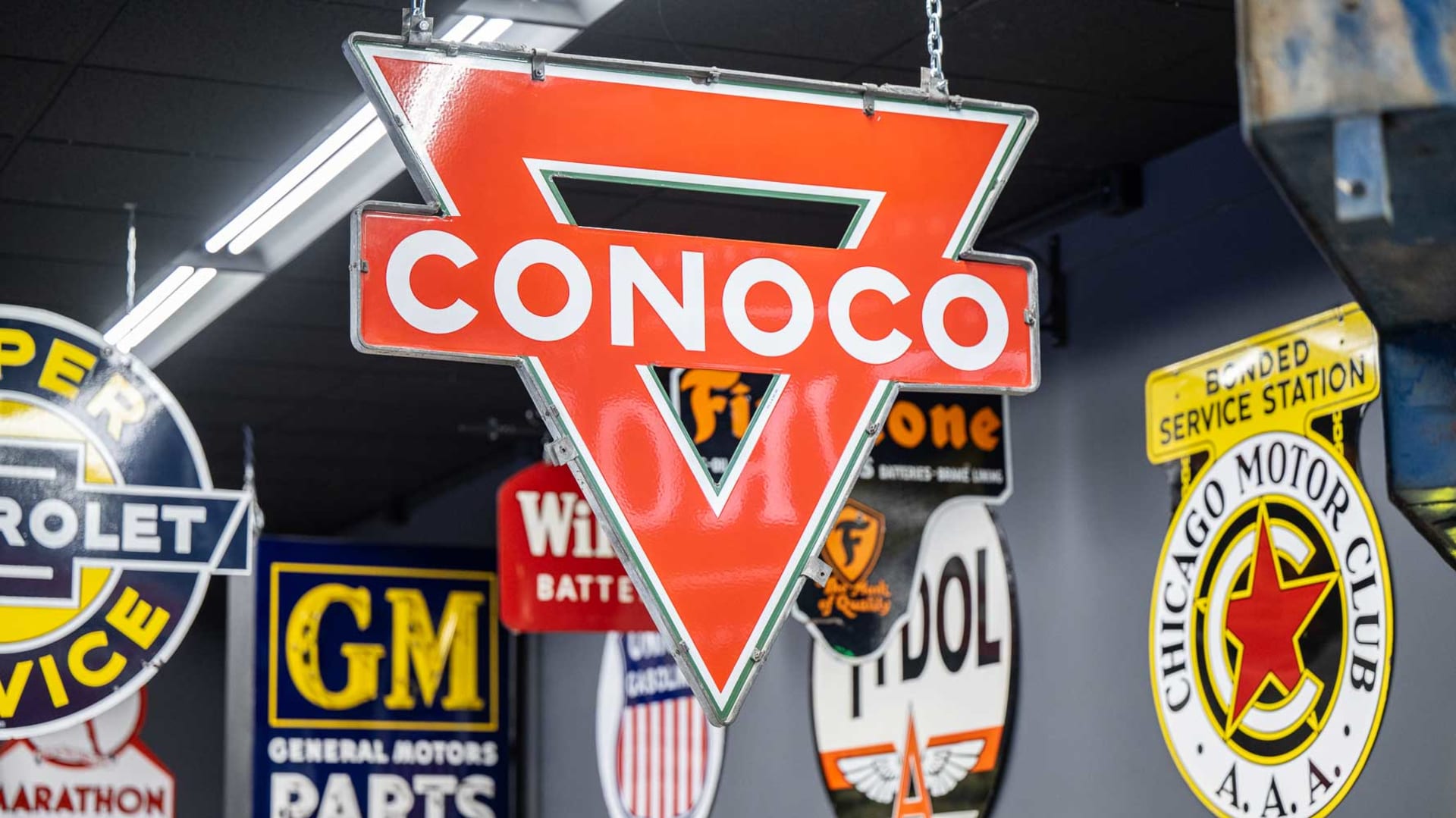 Conoco Double-Sided Porcelain Hanging Sign at The World’s Largest Road Art Auction 2023 as F346 ...