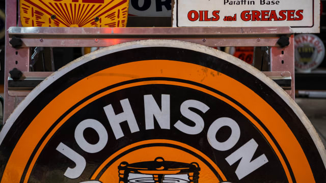 1930s Johnson Motor Oil & Gasolene Double-Sided Porcelain Sign at The ...