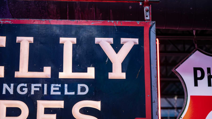 1930 Kelly Springfield Tires Painted Ripple Tin Milk Glass with Neon ...