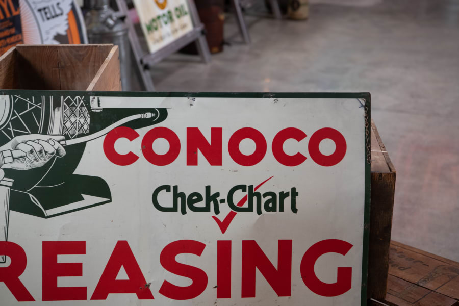 1930s Conoco Greasing & Bronze Gasoline Double-Sided Tin Sign at The ...