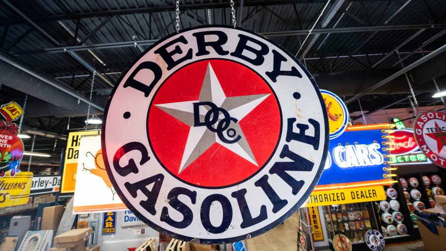1930s-1940s Derby Gasoline Double-Sided Porcelain Sign at The World’s ...