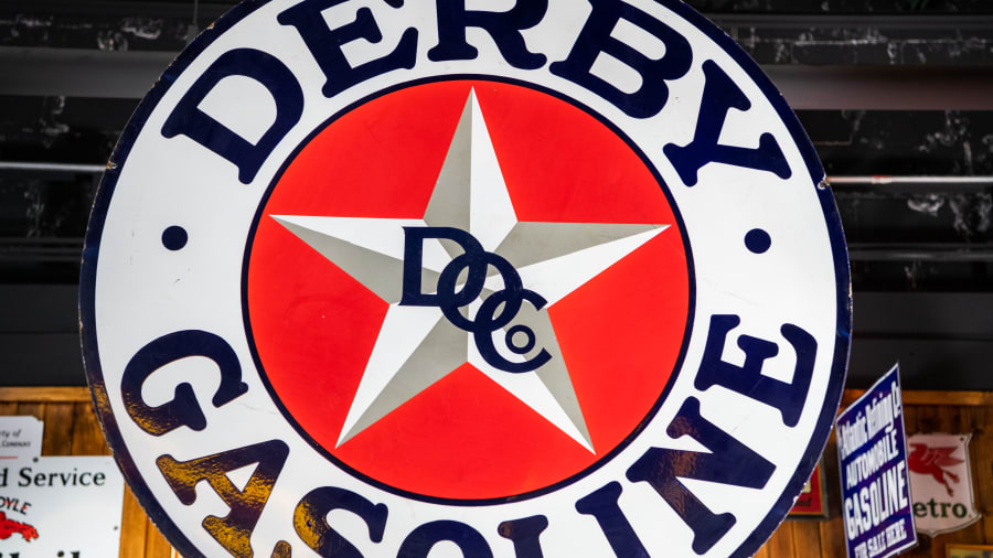 1930s-1940s Derby Gasoline Double-Sided Porcelain Sign at The World’s ...