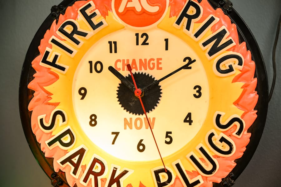 1960s AC Fire Ring Spark Plugs Light-Up Clock at The World’s Largest Road Art Auction 2023 as ...