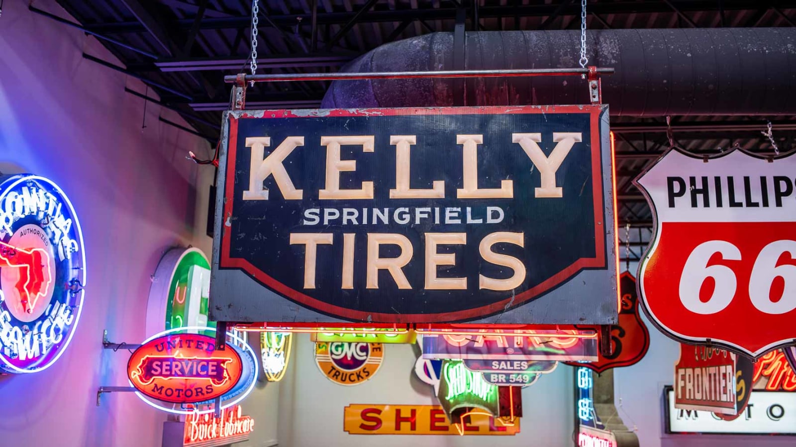 1930 Kelly Springfield Tires Painted Ripple Tin Milk Glass with Neon ...