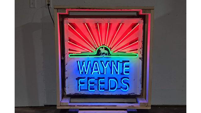 Wayne Feeds Single-Sided Tin Neon Sign at Gone Farmin' Fall Premier ...