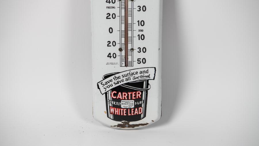 1910s-1920s Carter White Lead Paint Single-Sided Porcelain Thermometer ...
